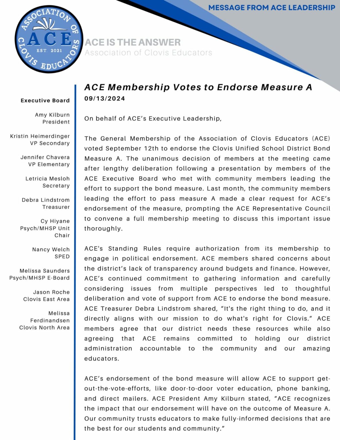 Association of Clovis Educators (ACE) – ACE Membership Votes to Endorse ...